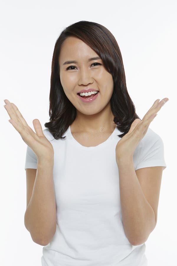 Cheerful Woman Showing Hand Gesture Stock Photo - Image of korea, color ...