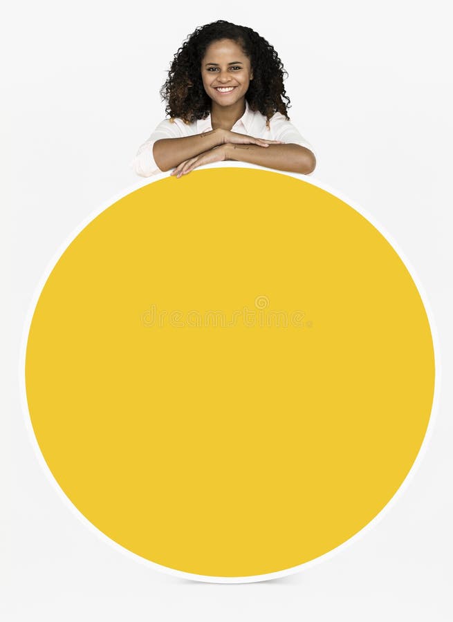 Cheerful Woman Showing a Round Board Stock Photo - Image of copy, show ...