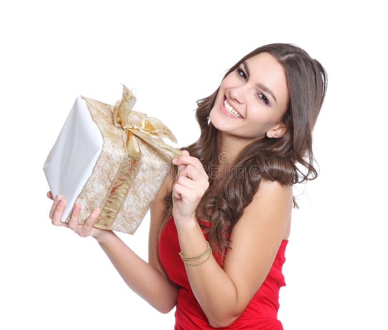 Beauty Girl in Red Dress with Gift Box To Birthday or Valentine S Day ...