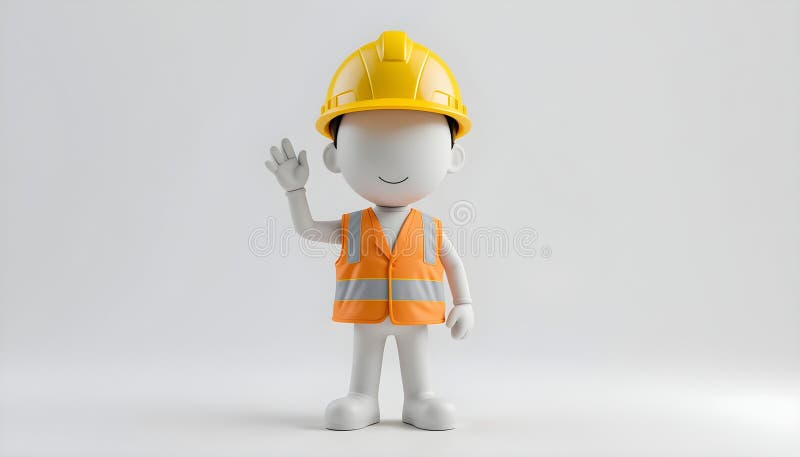 A Cheerful Worker Figure in Hard Hat and Safety Vest Waves Hello on a ...