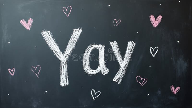 Cheerful Yay in Bubbly Handwriting with Scattered Hearts on Chalkboard ...