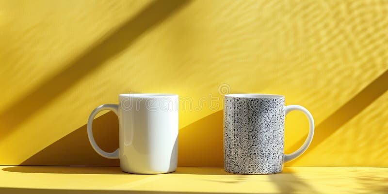 White Mugs on Yellow Background Mockup Stock Image - Image of female ...