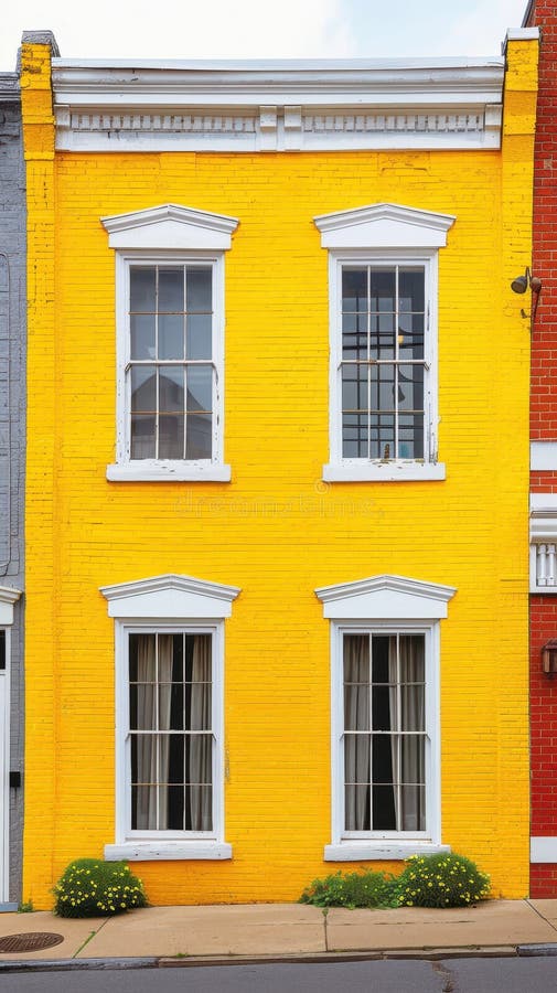 Bright Yellow Building with Three Windows and White Trim on a Sunny ...