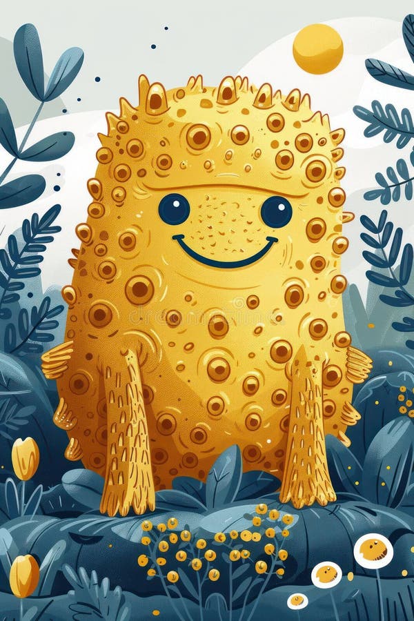 Smiling Yellow Monster in a Magical Garden Stock Illustration ...
