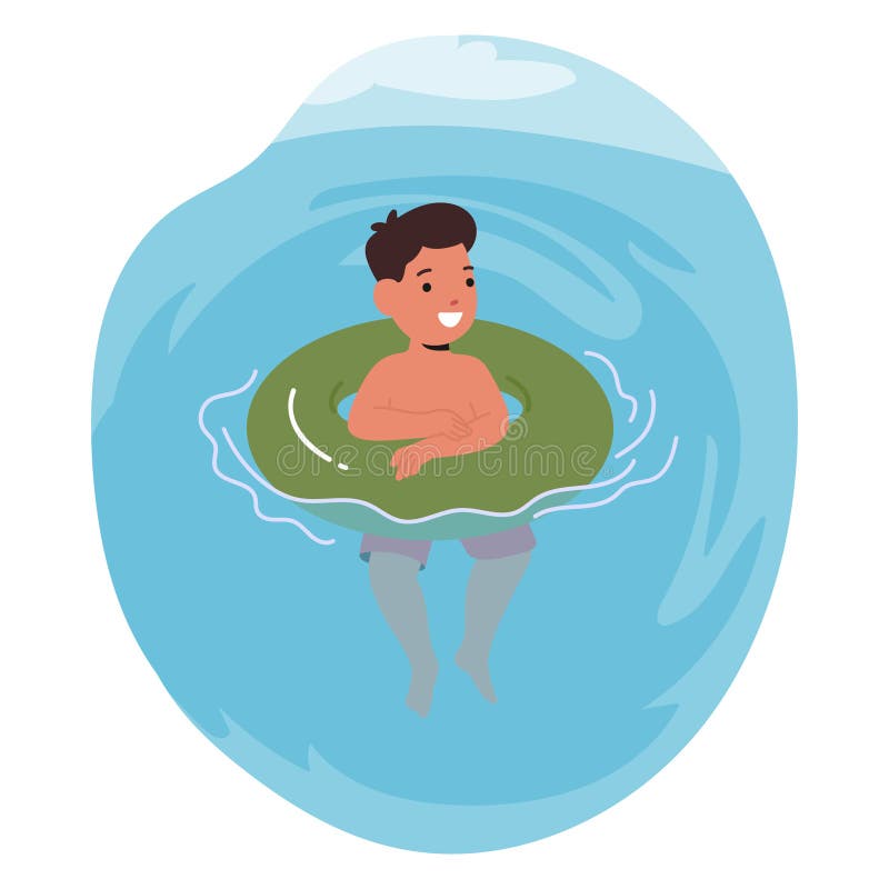 Cheerful Young Boy Floats Joyfully in a Swimming Pool, Supported by a ...