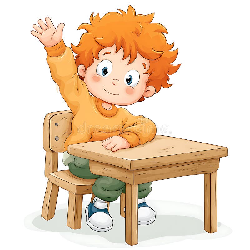 Cheerful Young Boy Raising Hand in Classroom Illustration Stock ...