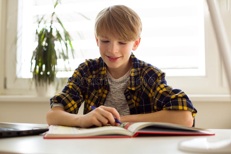 Happy Boy Reading a Book while Doing Homework Stock Image - Image of ...