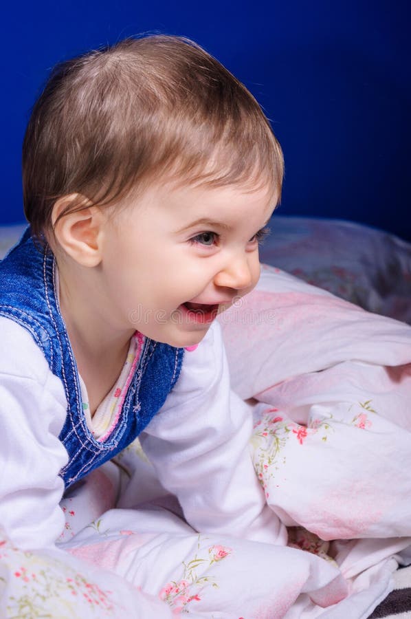 Cheerful Young Child in Bed Stock Image - Image of closeup, infant ...