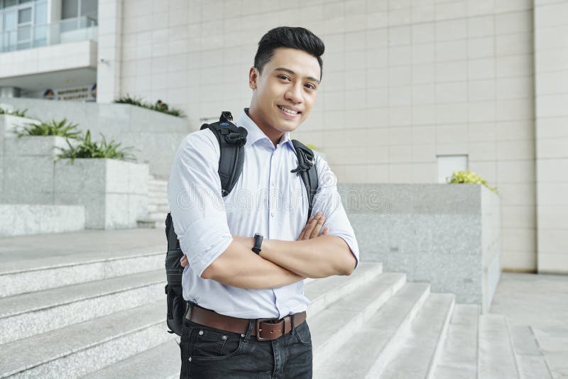 Cheerful Programmer Standing Outdoors Stock Image - Image of university ...