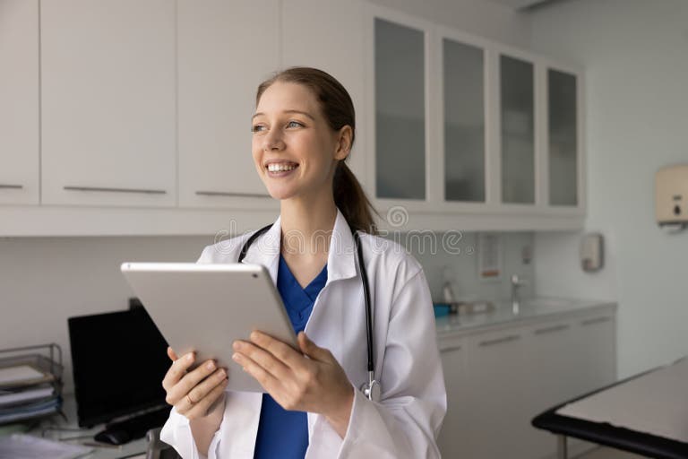 Cheerful Young Female Doc Using Modern Technology in Work Office Stock ...
