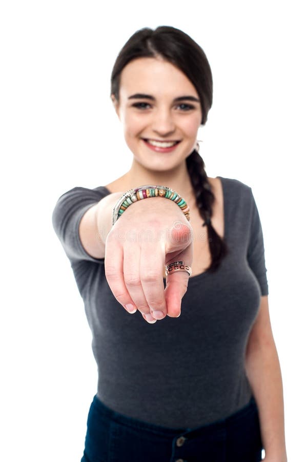 Cheerful Young Girl Pointing You Out Stock Photo - Image of looking ...