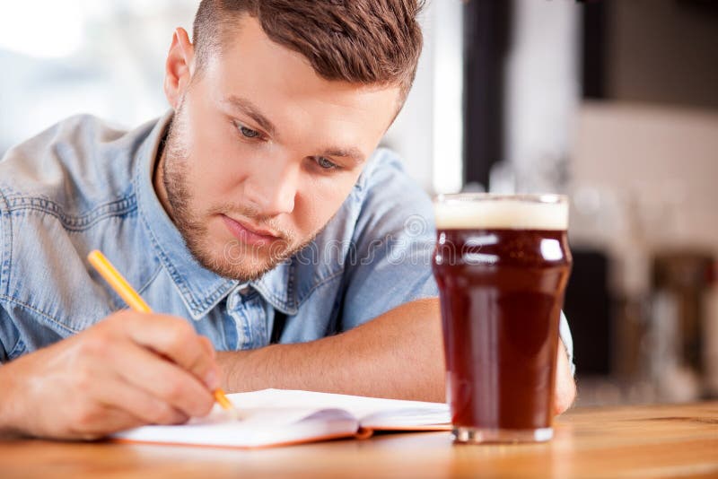 Cheerful Young Guy is Working in Pub Stock Image - Image of ordering ...