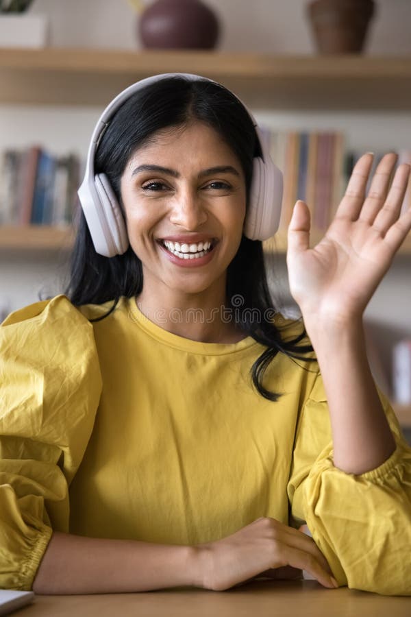 Cheerful Young Indian Student Talking on Video Call from Library Stock ...