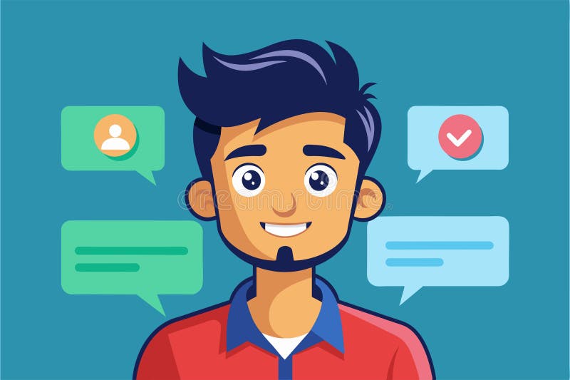 A Cheerful Young Man Interacts with Colorful Chat Bubbles Representing ...