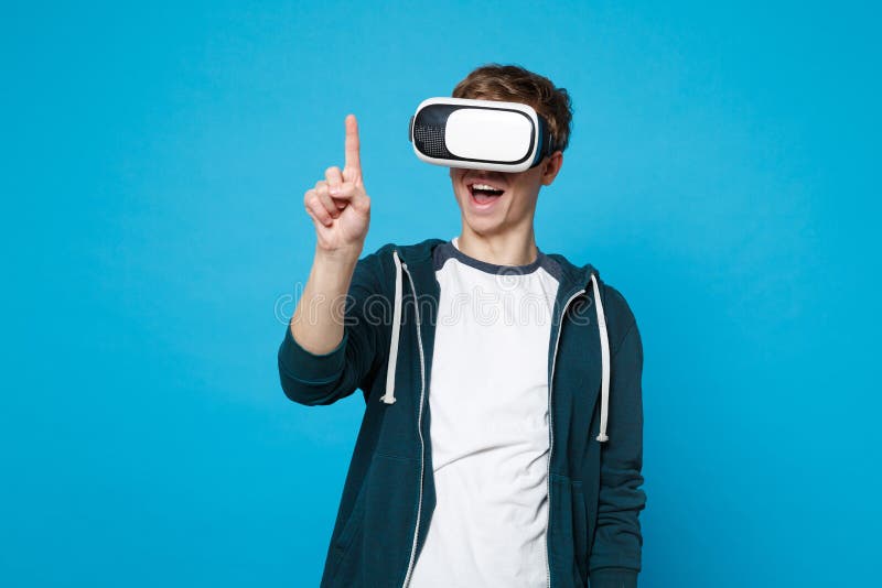 Cheerful Young Man Looking on Headset Touch Something Like Push Click ...