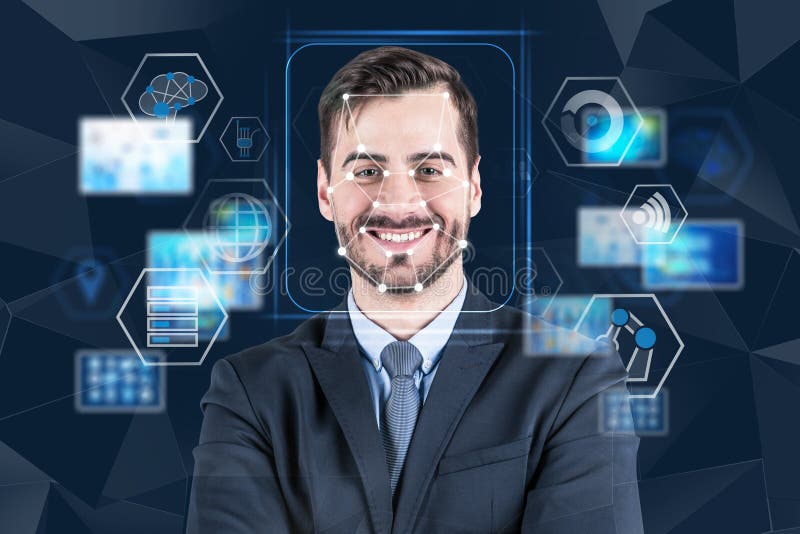 Smiling Man Facial Recognition Technology Stock Image - Image of ...