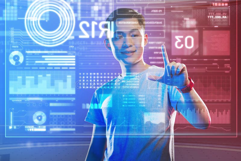 Cheerful Young Man Touching the Transparent Screen and Smiling Happily ... Cheerful Young Man Touching the Transparent Screen and Smiling Happily ...