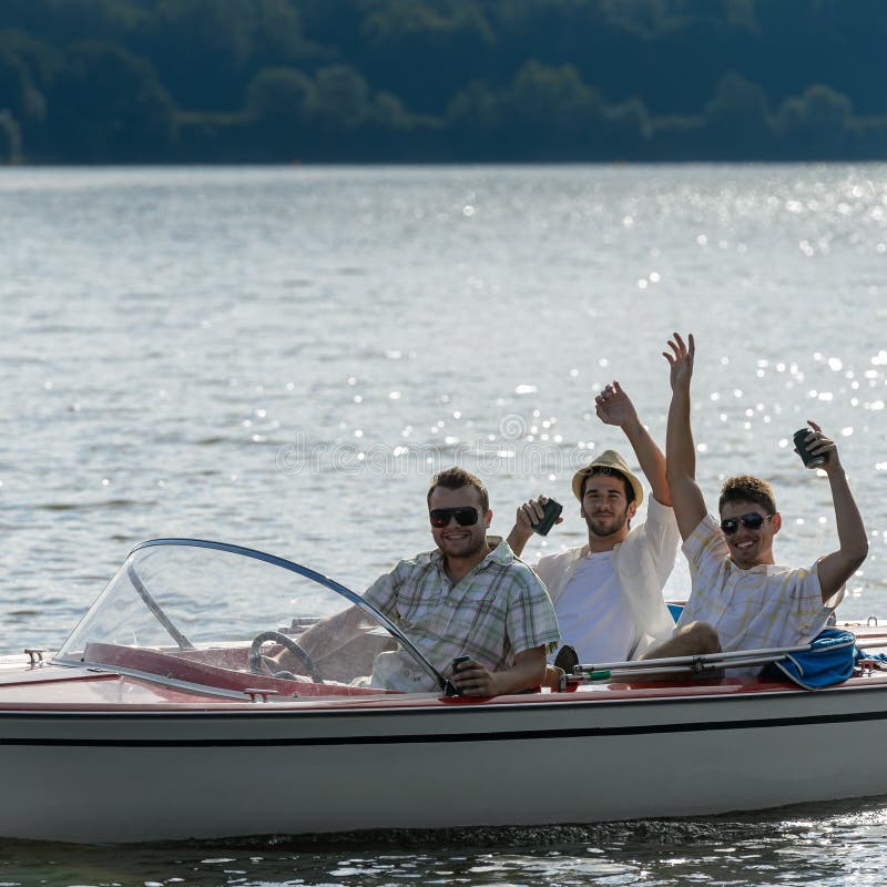 Cheerful Young Men Drink Beer Speed Boat Stock Photo - Image of boating ...
