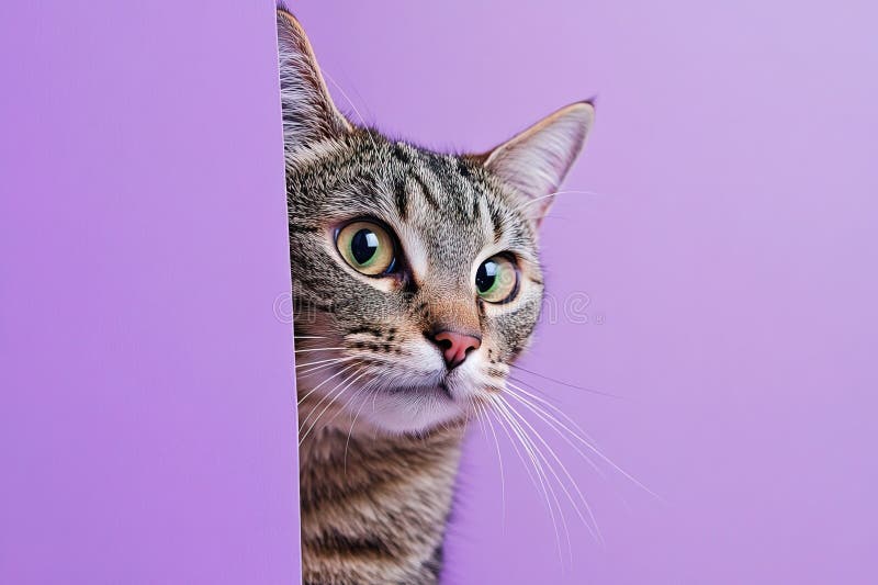 Cheerful Young Mischievous Tabby Cat Peeking Out from the Side Lilac ...