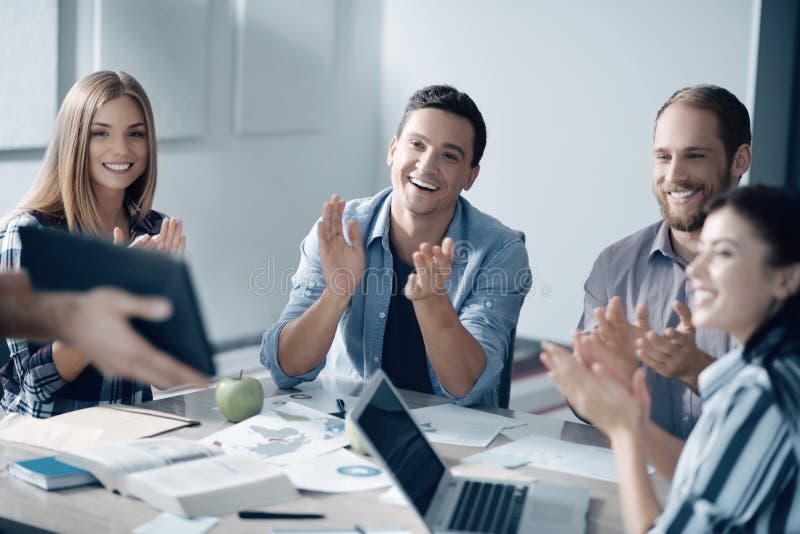 Cheerful Young Office Workers Clapping Their Hands Stock Photo - Image ...