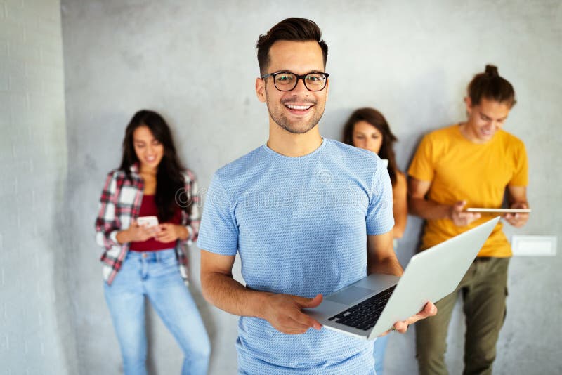 Happy Young People Working, Using Digital Devices. Technology, People ...