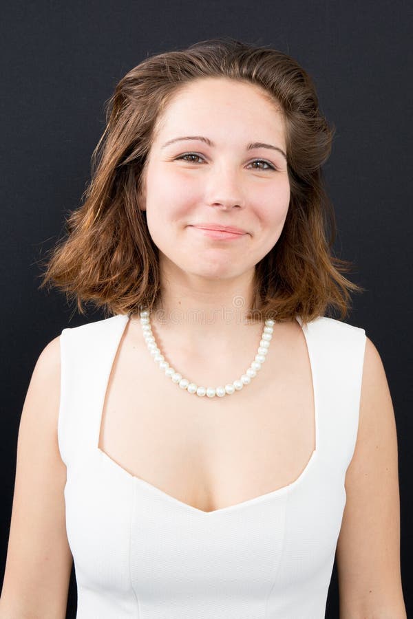 Cheerful Young Smiling Woman Dressed in a White Dress Stock Image ... Cheerful Young Smiling Woman Dressed in a White Dress Stock Image ...