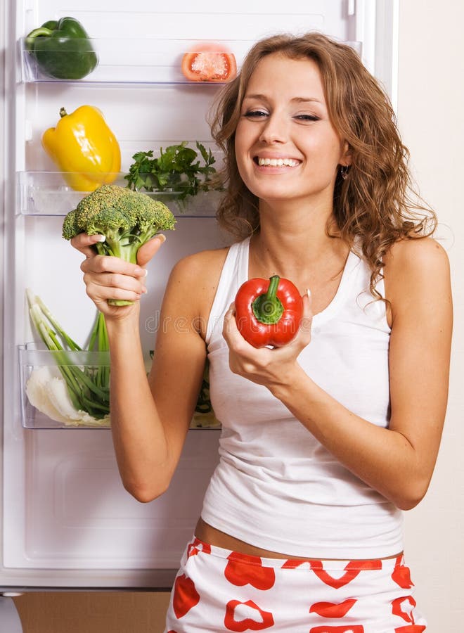 Cheerful Young Woman with Fresh Vegetables Stock Image - Image of green ...
