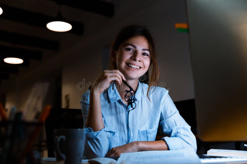 Cheerful Young Woman Graphic Designer Using Pc Computer Working at ...