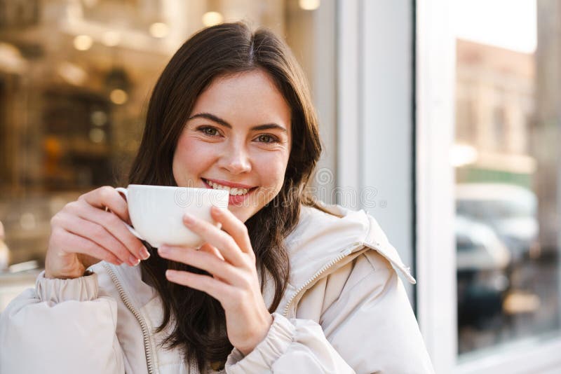 Cheerful Young Woman Having Tea with Cake Stock Image - Image of person ...