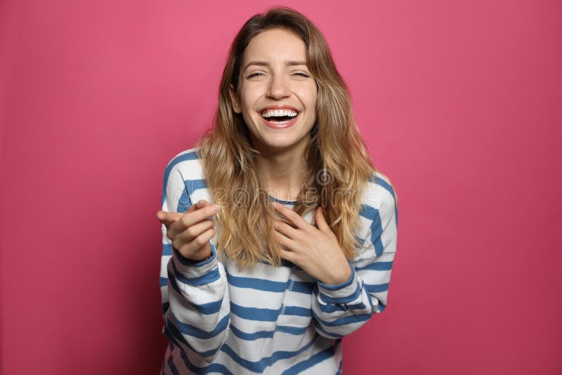 Cheerful Young Woman Laughing on Pink Stock Image - Image of giggle ...