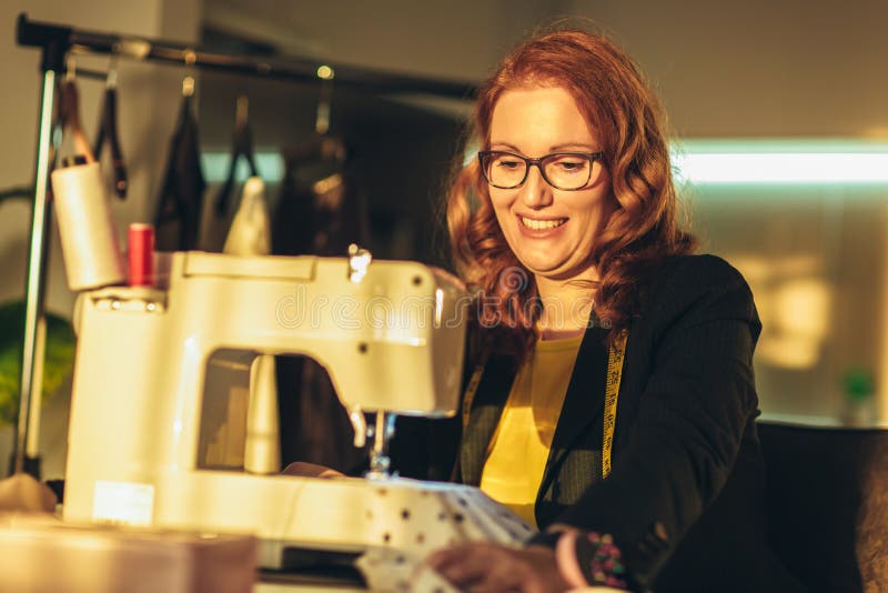 Young Woman Sewing. she Working at Home Stock Photo - Image of ...