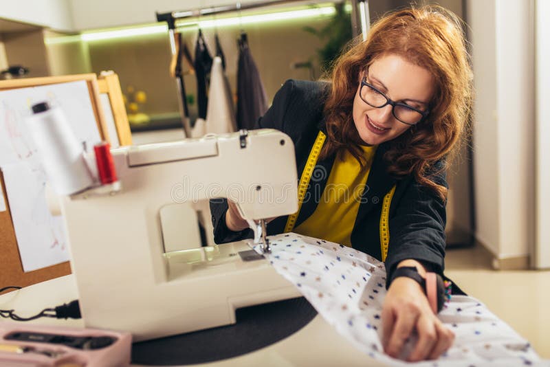 Young Woman Sewing. she Working at Home Stock Image - Image of ...