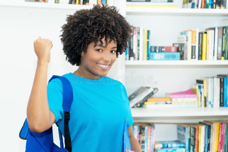 Cheering Black Female Student with Backpack Stock Photo - Image of ...
