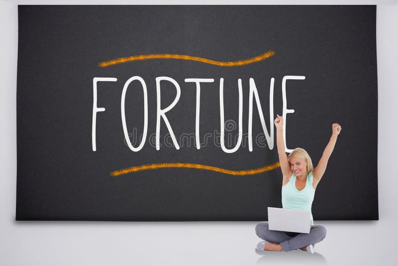 Cheering Blonde with Laptop Against Fortune Stock Photo - Image of ...