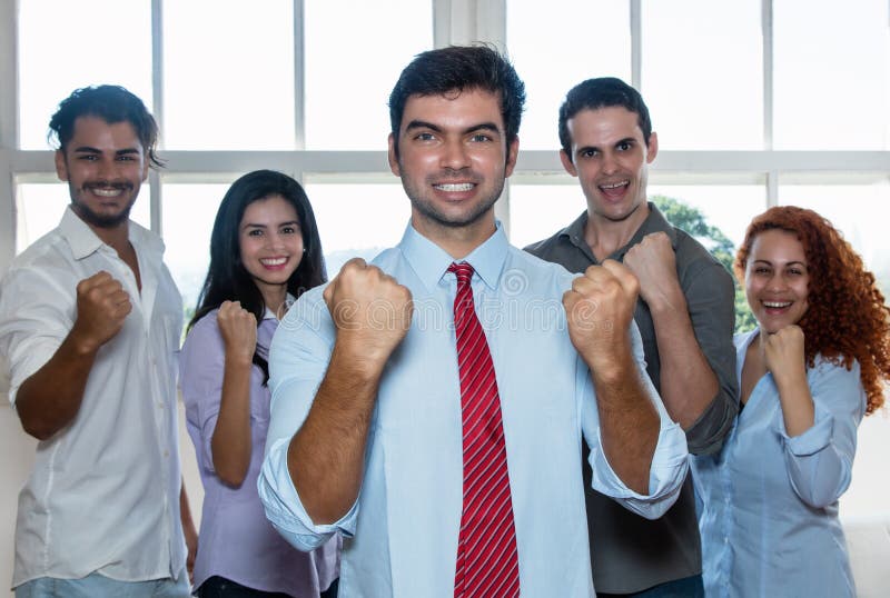 Cheering Boss with Successful Employees Stock Photo - Image of ...