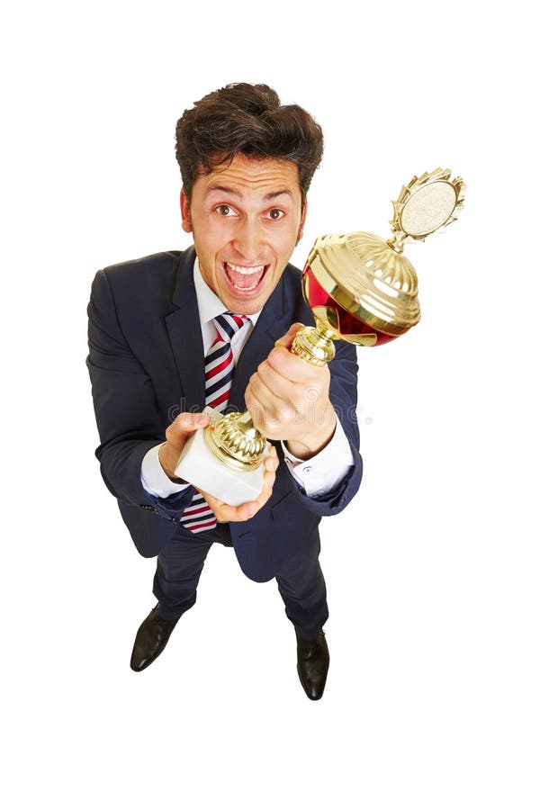 Cheering Business Man with Trophy Stock Photo - Image of cheerfulness ...