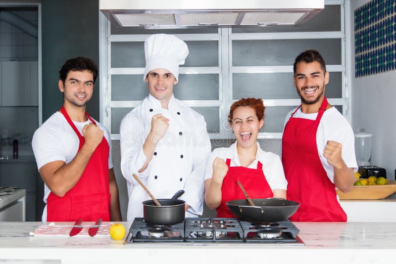Cheering Chef with Team at Kitchen Stock Image - Image of caucasian ...