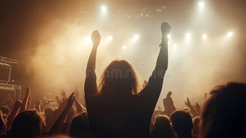 Cheering Crowd at Concert in Front of Bright Lights, View Back. Stock ...