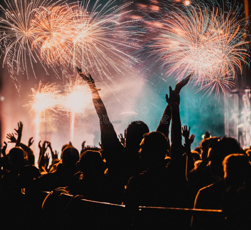 Cheering Crowd and Fireworks Editorial Stock Photo - Image of dancer ...