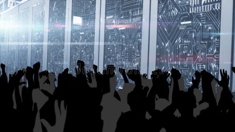 Cheering Crowd in Front of Digital Animation Display with Circuit Board ...