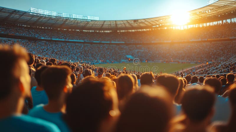 Cheering Crowd in a Sun-Drenched Stadium, Low Angle View of Blurred ...