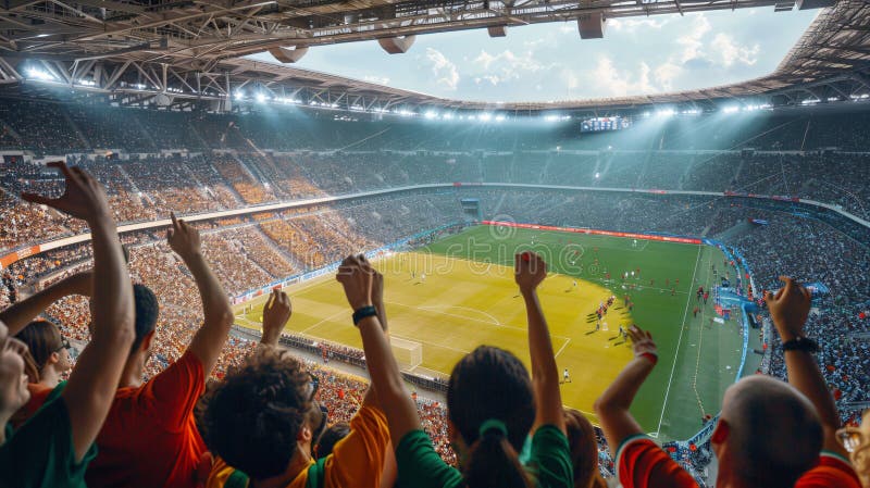 Cheering Fans in a Soccer Stadium, Celebrating the Game with Excitement ...
