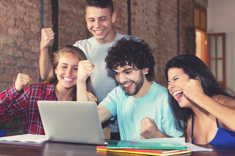 Cheering Group of European Students at Computer Stock Image - Image of ...