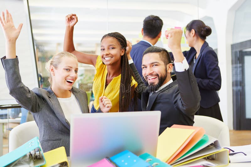 Cheering Start-up Team Celebrating Stock Photo - Image of solution ...