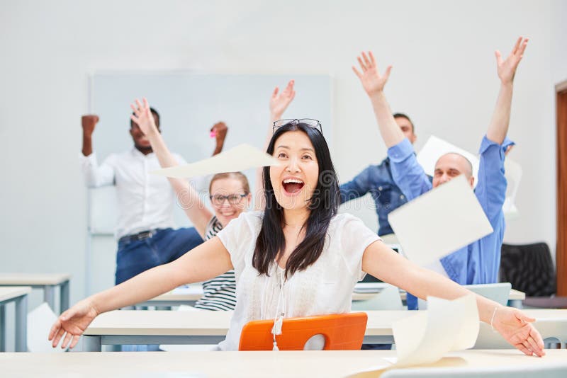 Cheering Students Holding Thumbs Up Stock Image - Image of student ...