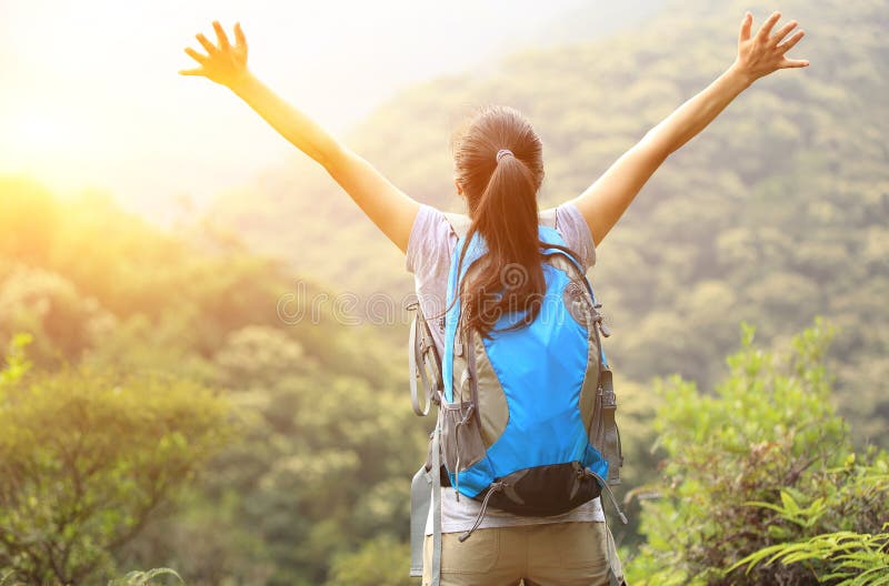 Cheering woman hiker stock photo. Image of enjoyment - 41747724