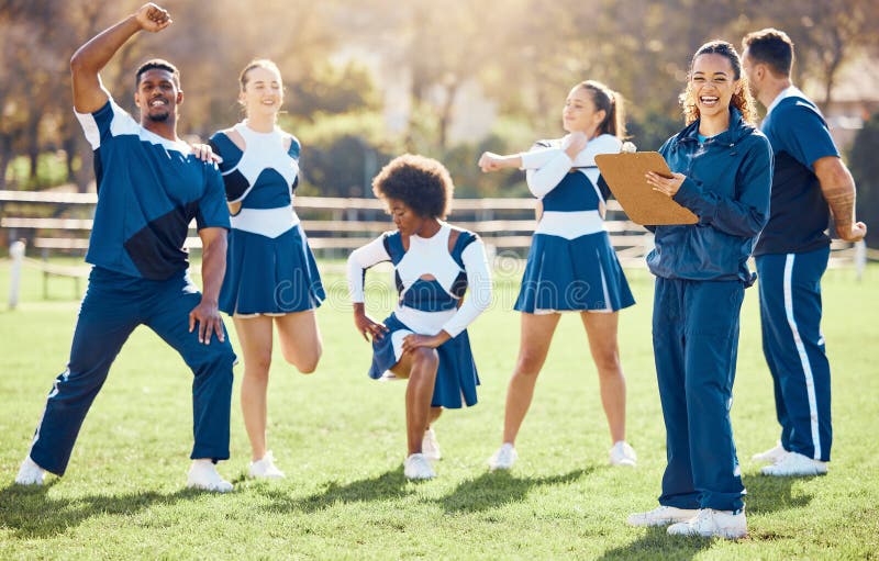 Cheerleader Coach Portrait Or Cheerleading Team With Support Hope Or Faith In Strategy On