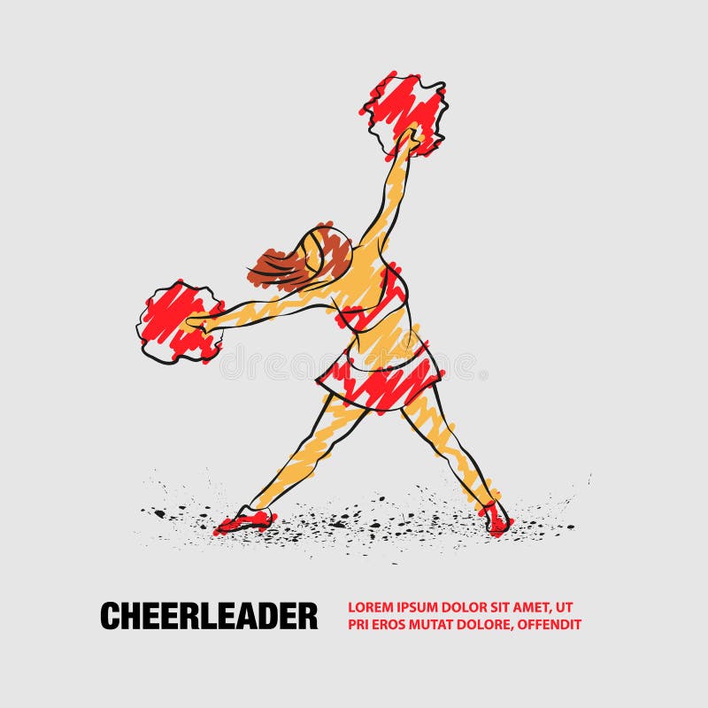 Cheerleader Dances with Pom Poms. Vector Outline of Sport Dance with ...