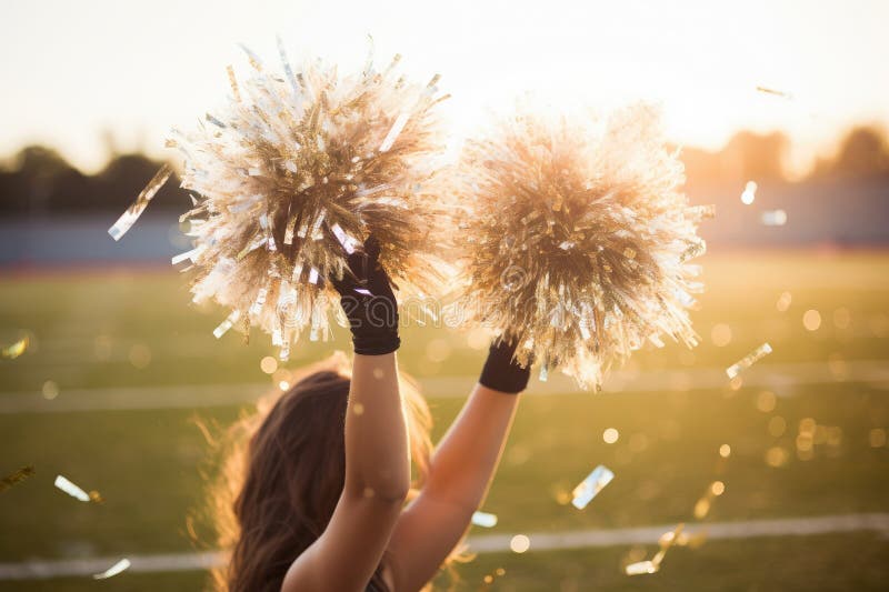 Cheerleader with Pompoms on the Football Field at Sunset Stock ...