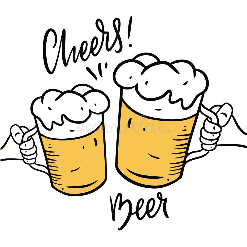 Cheers with Beer Glasses Mug. Hand Drawn Vector Illustration. Cartoon ...